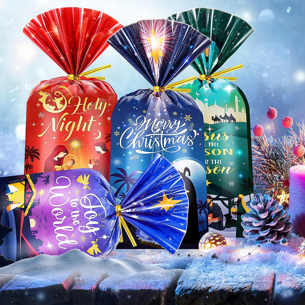 HOWAF 100PCS Holy Nativity Cellophane Gift Bag, Religious Christmas Plastic Goodie Bags for Christian Xmas Holiday Party Supplies, O Holy Night Treat Bags Nativity Scene Candy Bags with Ties