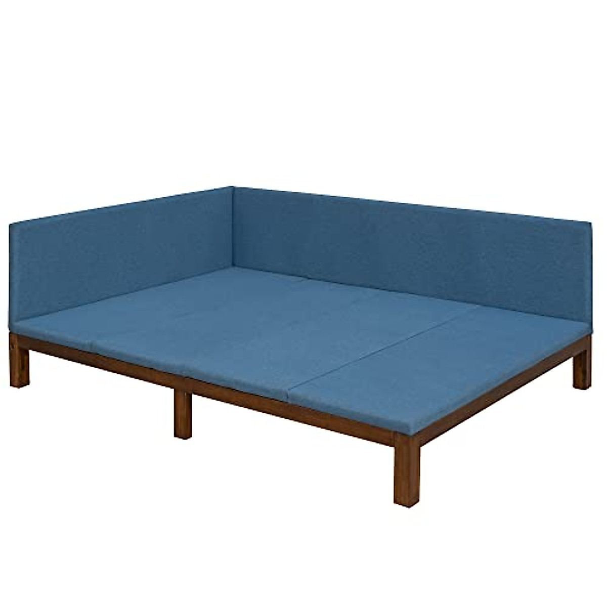 Modern Linen Upholstered Daybed Sofa Bed w/Wooden Frame&Single Side Armrest for Living Room Bedroom,Mid-century Captain Bed Platform Bed Frame w/Tufted Backrest & Under-bed Storage Space (Blue,Full)