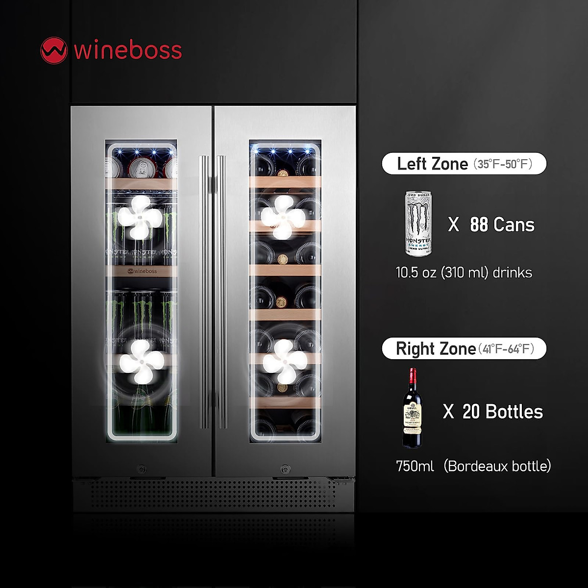 WINEBOSS 24 Inch Wine and Beverage Refrigerator, 20 Bottle & 88 Cans Dual Zone Beverage Fridge, Built-in Cabinet Wine Cooler, Freestanding Drink Chiller with Upgraded Compressor for Commercial Office