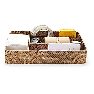 Seagrass Storage Basket with Compartments Utensil Tray for Organization Silverware Flatware Rectangular Shelf Baskets with 4 Sections