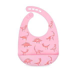 Nuby 2 Pack Adjustable Easy Clean Soft Silicone Bibs with Scoop, Pink Dinosaurs & Flowers