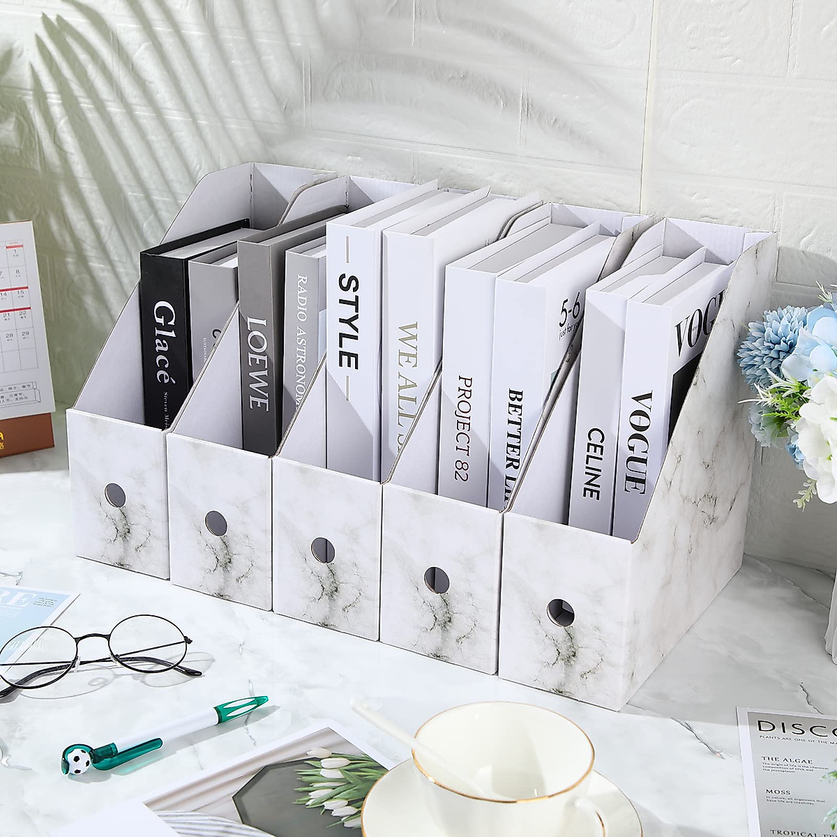 15 Packs Marble Magazine File Holder Bulk Collapsible Magazine Folder Organizer Desktop File Holder Storage Box Cardboard File Rack Book Bins with Labels for A4 Size Document Home School Office Favors