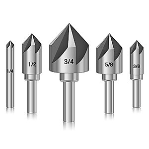 Countersink Drill Bit Set, 5 Pieces 1/4” 3/8” 1/2” 5/8” 3/4” High Speed Steel 1/4” (6mm) Round Shank, 82 Degrees Counter Angle, 5 Flute Mill Cutter Bit Countersink Set, Silver