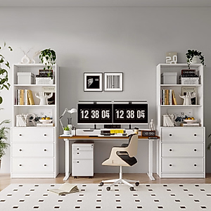 TUSY 71" Bookshelf Bookcase, 3-Tier Modern Bookshelves 3 Large Drawer, Wood Filing Cabinet with Open Storage Shelf, Glass Doors 5-Tier Fixed Storage Shelves for Home Office