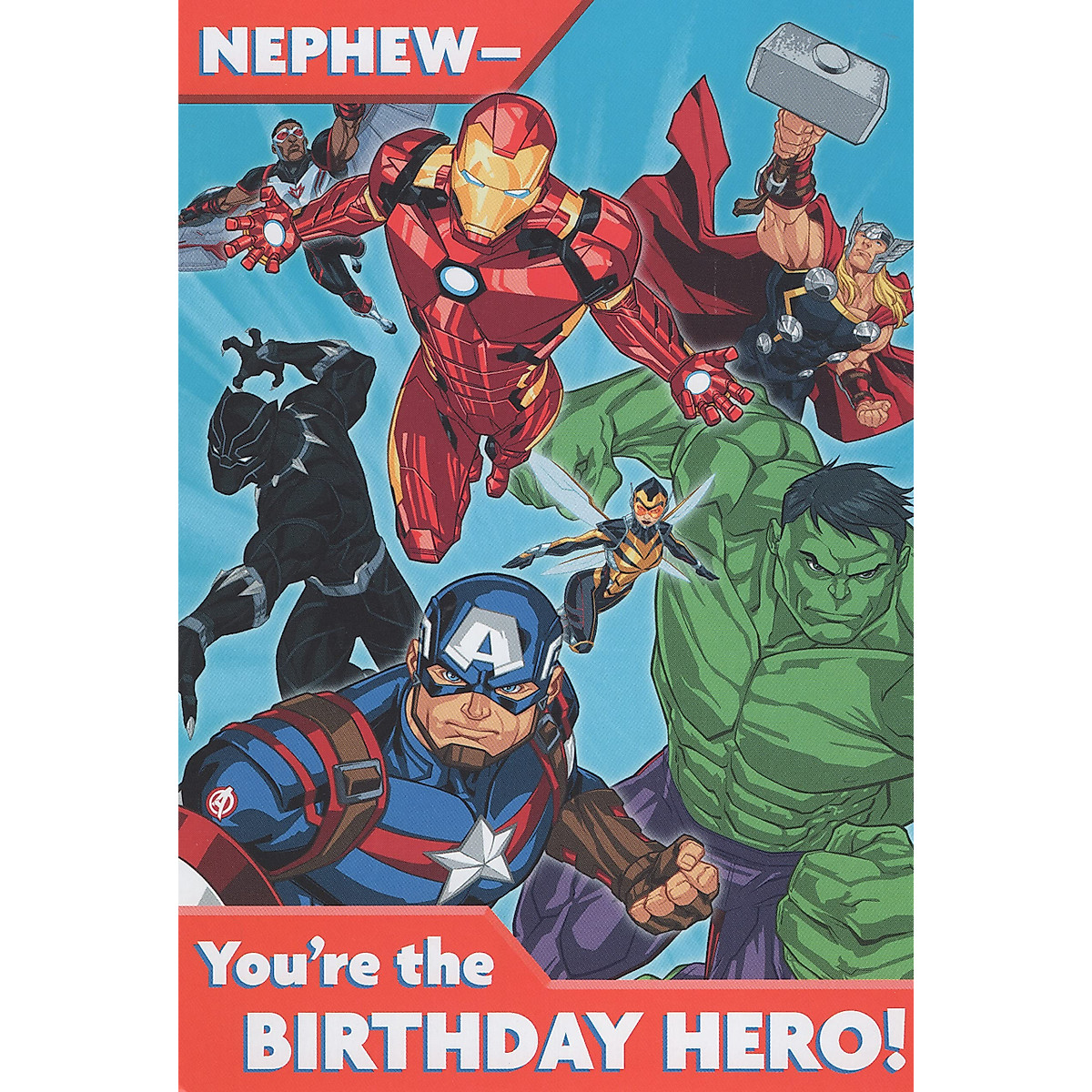 Avengers Happy Birthday Card for Nephew Featuring Thor, Iron Man, Hulk, Black Panther, Captain America and More - You're a Birthday Hero! So Get Ready for ACTION - 'Cause a Great Day is Waiting For You!