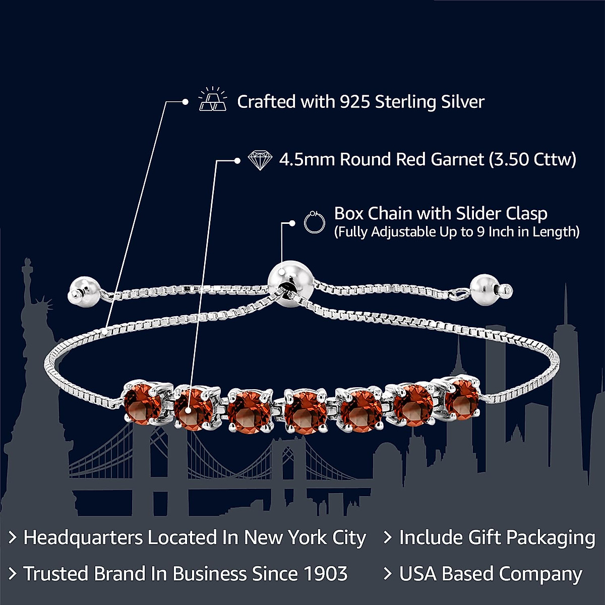 Gem Stone King 7-Stone Tennis Bracelet For Women In 925 Sterling Silver | 4.5MM Round Gemstone Birthstone | Fully Adjustable Up to 9 Inch