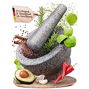 ChefSofi Mortar and Pestle Set - 6 Inch - 2 Cup Capacity - Unpolished Heavy Granite for Enhanced Performance and Organic Appearance - Included: Anti-Scratch Protector + Italian Recipes EBook