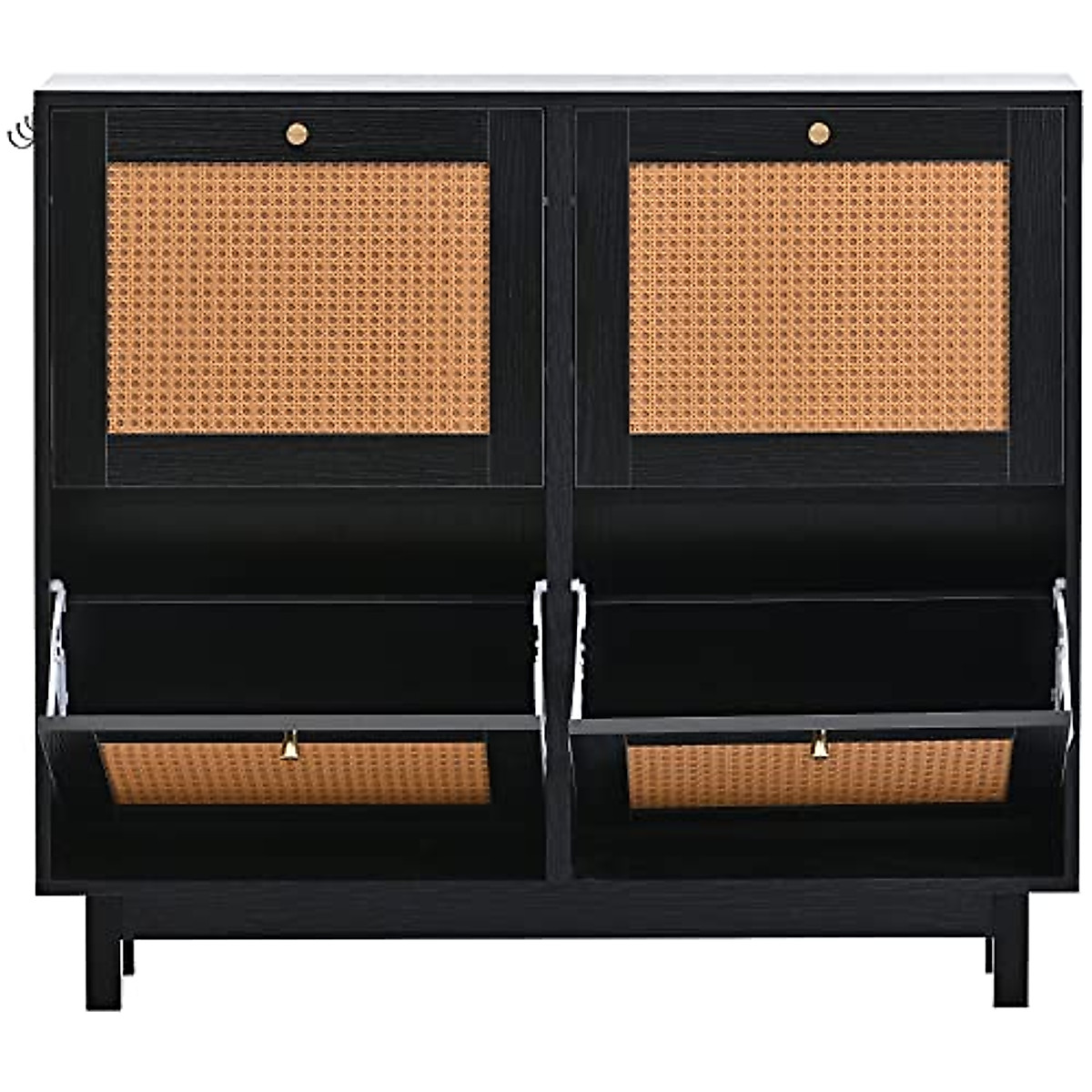 Merax Rattan Free Standing Shoe Rack with 4 Flip Drawers, Modern 2-Tier Storage Cabinet with Large Space for Entrance Hallway, Boho Style, Black