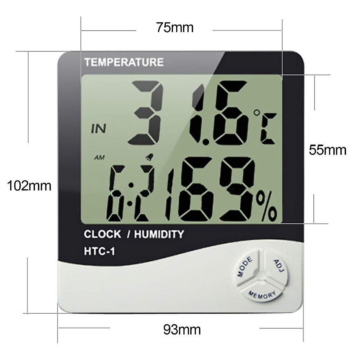 HTC-1 Digital Thermometer Hygrometer Clock Alarm/Alarm Calendar 5 Functions Large Screen Desktop Stand & Wall Mount White Thermometer Hygrometer Digital