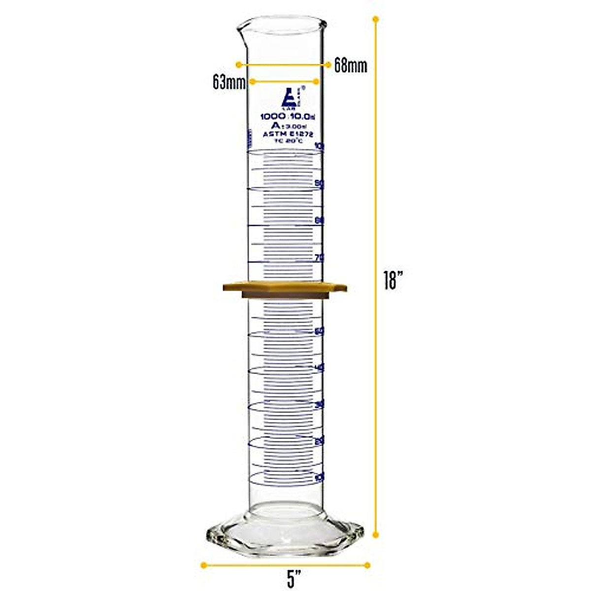 EISCO Graduated Cylinder, 1000mL - ASTM, Class A Tolerance ±3.00mL - Protective Collar, Hexagonal Base - Blue Graduations - Borosilicate 3.3 Glass