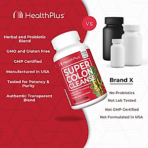 Health Plus Super Colon Cleanse 10 Day Gentle Gut Cleanse Detox, Psyllium Husk, Probiotics for Constipation Relief & Digestive Support, 120 Capsules