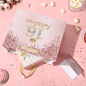 Yoirrat Rose Gold 16 & Fabulous 16th Birthday Gift Bag for Girls Large Pink Happy Sweet 16th Birthday Gift Bag with 16th Birthday Wrapping Paper Card for 16th Birthday Decorations Party Supplies