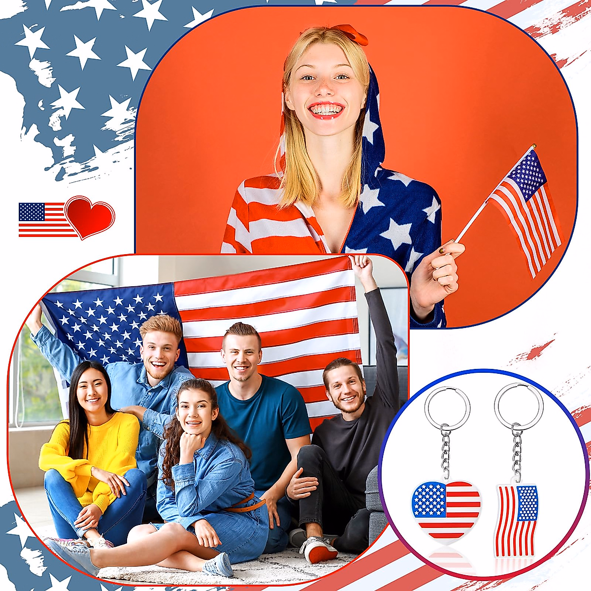 40 Pack American Flag Keychains 4th of July Party Favors for Adults USA Flag Heart Souvenir Keychain Accessories Patriotic Key Chain Flag American Flag Gifts for Veterans Day Independence, 2 Styles