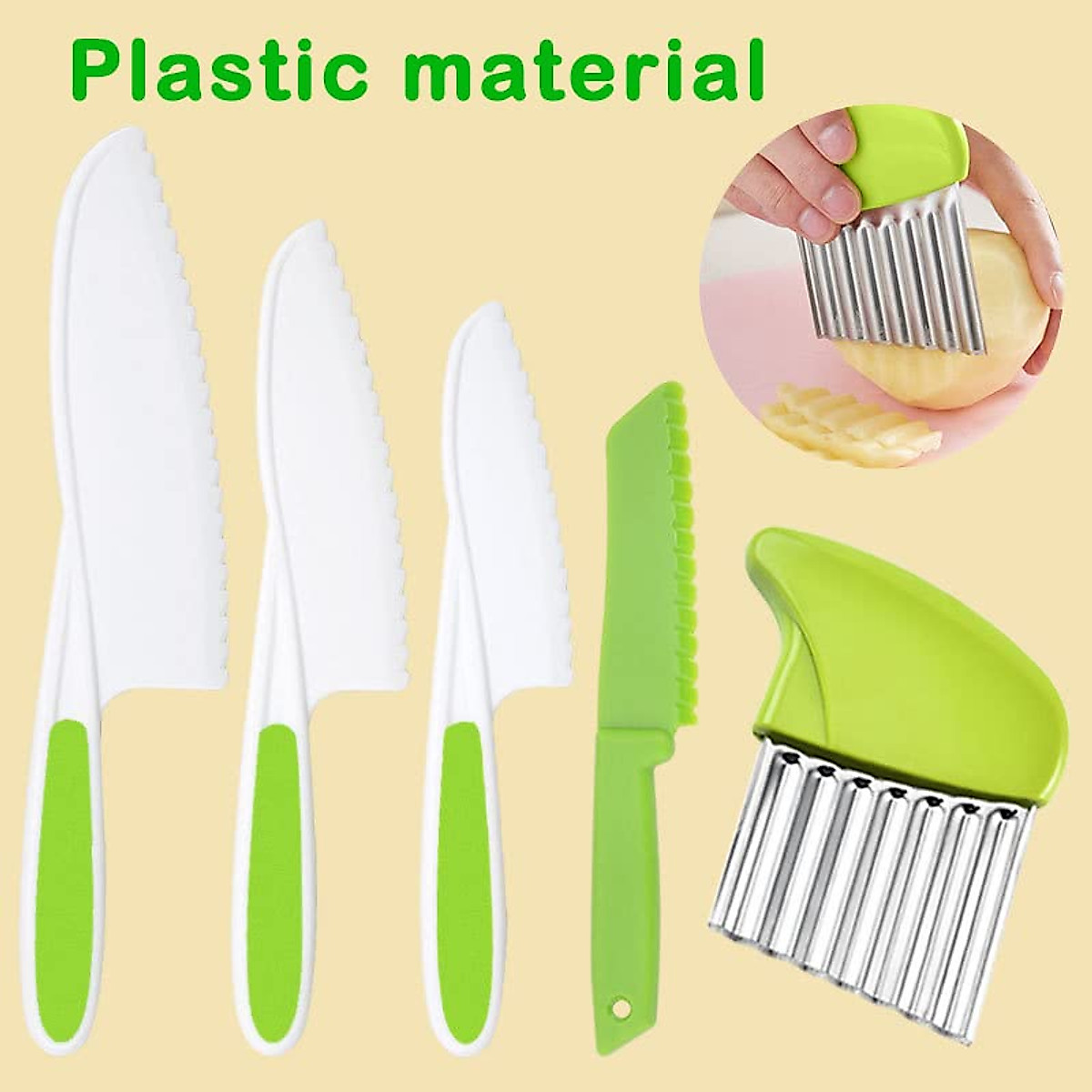 Alrens Kid Safe Knives, 8 Pcs Toddler Knife Set Include Crocodile Wooden Knife for Kids, Serrated Edges Plastic Toddler Knife, Potato Peeler, Cutting Board, Knives Set for Kids Learning