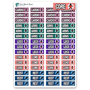 Workout  Planner Sticker / 60 Fun Vinyl Stickers (3/4”)/Cardio legs arms rest core days rotation/Health Wellness Fitness Exercise/Essential Productivity Life Planner/Bullet Journaling (One Sheet)