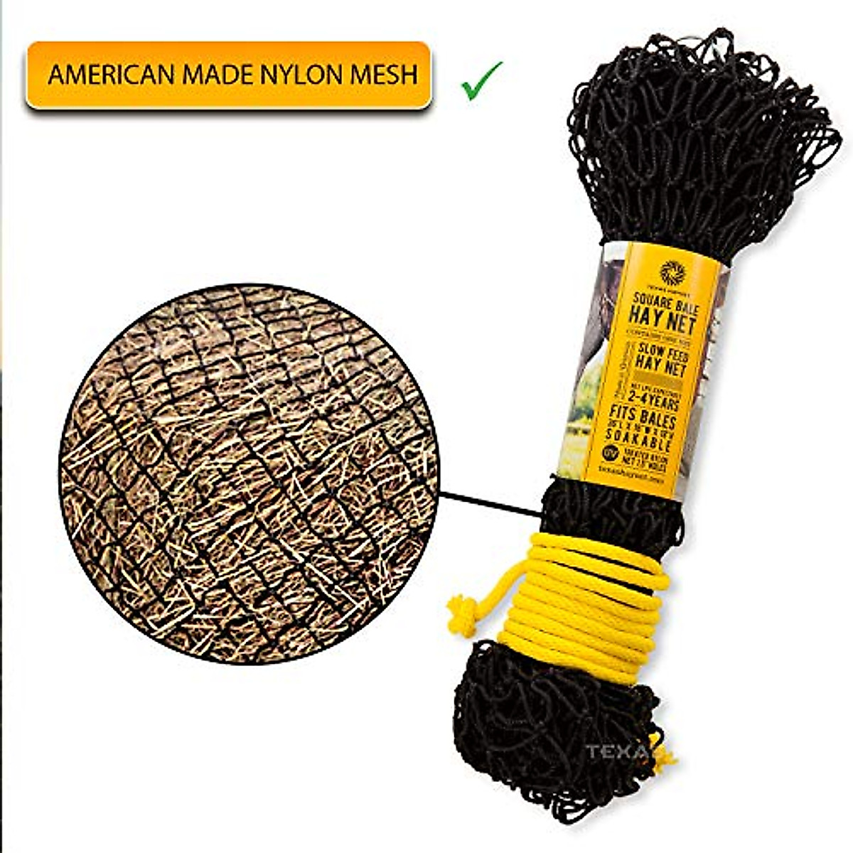 Texas Haynet - 3 String Square Hay Bale Feeder - Slow Feed Nylon Net Hay Holder for Horses - American Made Square Bale Net That Holds ONE 3-String or Two 2-String Bales 1.5” Holes