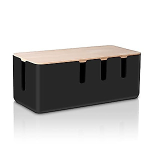 Cable Management Box by Baskiss, Solid Wood Lid, Cord Organizer for Desk TV Computer USB Hub System to Cover and Hide & Power Strips & Cords (Black, Medium)