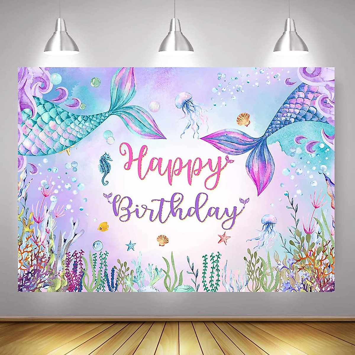 Mocsicka Mermaid Birthday Backdrop Under The Sea Birthday Party Decoration for Girl Blue Purple Mermaid Tails Photography Background (7x5ft(82x60 inch))