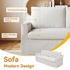 AMICLIBER Modern 3-Seater Sofa,93" Slipcovered Sofa Soft Chenille Fabric Couch with Deep Seat Removable Cover for Living Room,Apartment,Bedroom,Office,Creamy White