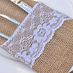 Awtlife 60 Packs Xmas Burlap Lace Utensil Holders Silverware Cutlery Pouch Knifes Forks Bag for Vintage Wedding