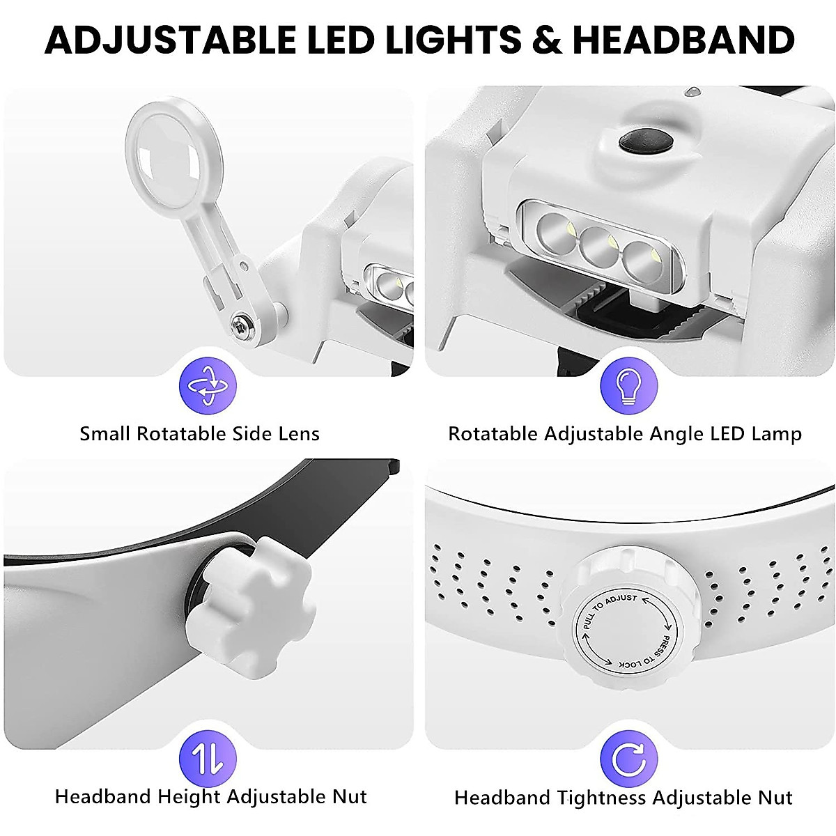 Elikliv Headband Magnifying Glass with Light 1X to 14X, Rechargeable Handsfree Head Mount Magnifier, 6 Detachable Lens Visor Loupe Tool for Close Work Reading Jewelry Craft Repair Cross Stitch