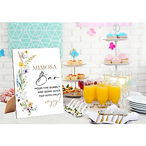 Boho Wildflower Bridal Shower Mimosa Bar Sign, Table Decor Bridal Shower Sign, Pack of 1 Wooden Tabletop Sign with Stand, Bridal Shower Decorations, Wedding Shower Supplies - XG05
