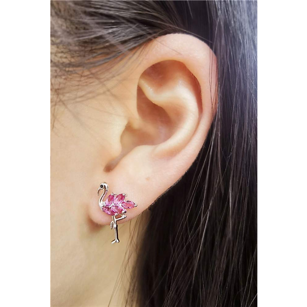 Dainty Flamingo Love Heart Bird Stud Earrings for Women Girls Silver Plated Cubic Zirconia Small Studs Valentine for Lover for Friend (Pink)