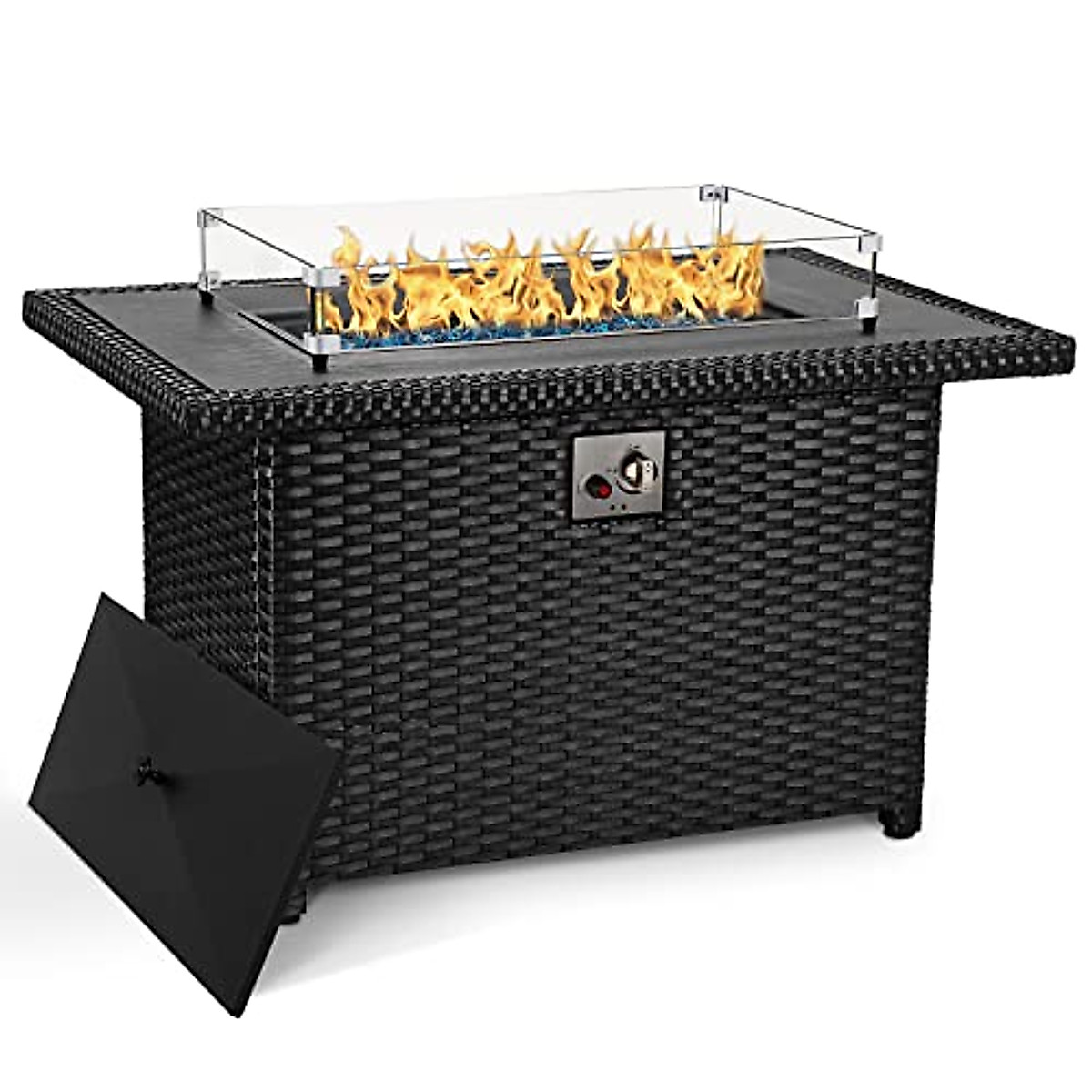44 in Propane Gas Fire Table Auto-Ignition 50,000BTU， Rectangle Woven Rattan Fire Pit for Outside Patio Garden Deck & Backyard，with Lid and Blue Glass Beads, Glass Wind Guard,CSA Approved(Black)