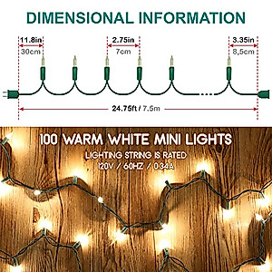 100 Christmas Mini Lights - 24.8 ft / 7.5m - 120V - Warm White Bulbs 2800K - Green Wire - 120V - End to End Connection - Indoor & Outdoor Use - Light Strings for Christmas Tree and New Year Decoration