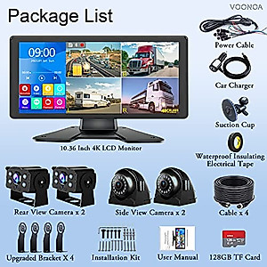 4K RV Backup Camera System 10.36" Quad Split Touch Screen Monitor with 4 1080P Rear Side View Camera, DVR Recording Bluetooth MP3 MP5 IP69 Waterproof Night Vision for RV Truck Semi Trailer Bus Tractor