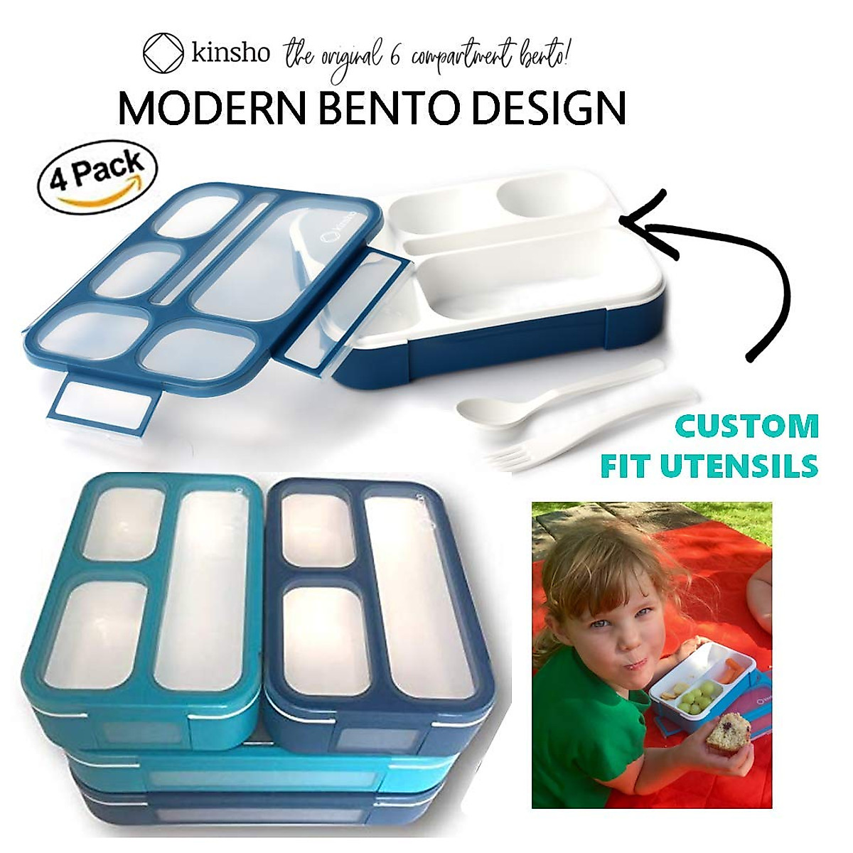 Bento Lunch Box and Snack Container Value Set| Meal Planning Portion Containers For Kids or Adults, School or Work | BPA Free | Microwave Safe | Utensils | 4 pack, Large and Mini, Blue + Navy