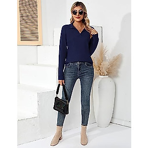 Romanstii Women's Knitted Polo Sweaters Long Sleeve V Neck Collared Shirts Winter Pullover Tops,Navy Blue,L