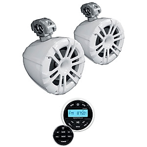 Pair Memphis Audio MXA82TW 8" Marine Wakeboard Tower Speakers/LED+Swivel White Bundle with Rockville RGHR2 Marine Gauge Hole Receiver (2 Items)