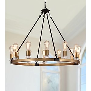 MEIXISUE Modern Farmhouse Wagon Wheel Chandeliers for Dining Room,Aged Brass Luxury Large High Ceiling Chandelier for Living room Kitchen Entryway Restaurant Office,W35.4 UL Listed