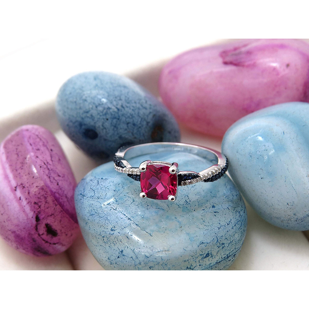 Dazzlingrock Collection 6 MM Cushion Lab Created Ruby with Round Blue Sapphire & Diamond Women Engagement Ring | 10K White Gold, Size 6.5