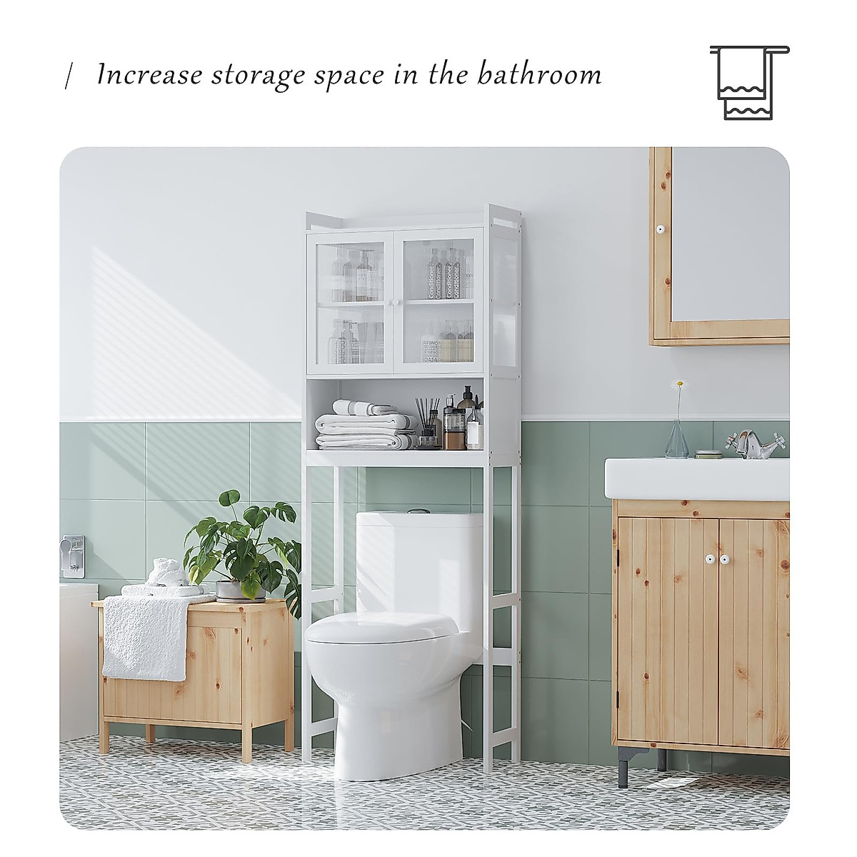 Kitsanery Over The Toilet Storage Cabinet,3-Tier Freestanding Bamboo Bathroom Organizer with Shelves and Acrylic Door, Space-Saving,White