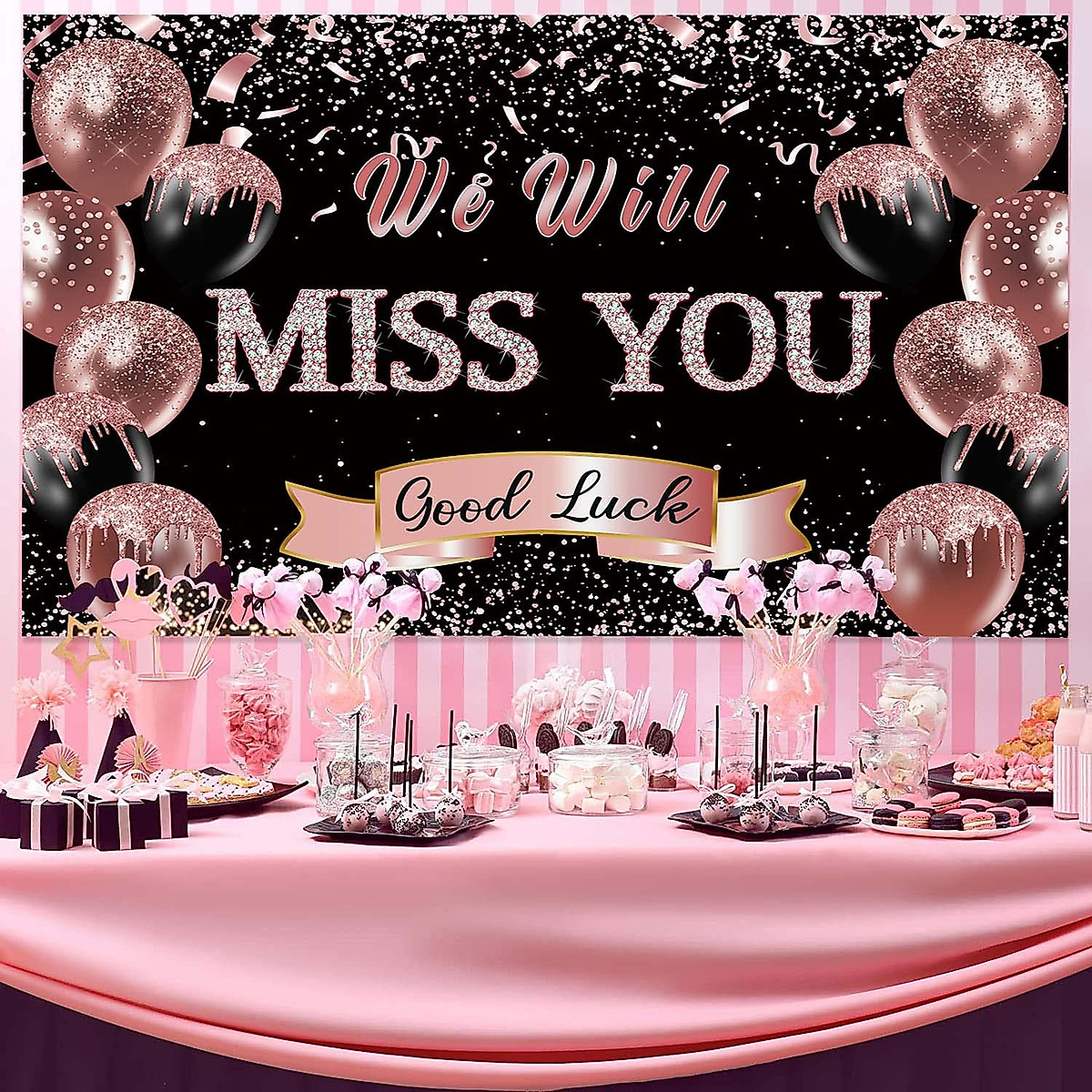 Retirement Farewell Party Backdrop We Will Miss You Rose Gold Glitter Balloon Photography Background Goodbye Going Away Retirement Bye Office Work Graduation Party Decoration 7x5FT