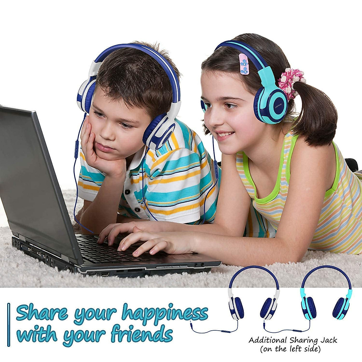 SIMOLIO Foldable Wired Headphones Teens Adults Kids Youths w/Mic & Volume Control & Volume Limited & Share Port & Portable Pouch, Safe Volume Stereo Headset for Online School Gaming PC Laptop Travel