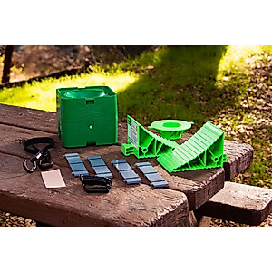 Dock N Stow Trailer Jack Stand, Stabilizer Leveling Block Store on Tongue Frame, Fits Most Jacks, Set Includes Wheel Chocks & Lock, RV Camper, Boat, Pop Up Travel Accessories, Secure w/Bungee, GEN 1B