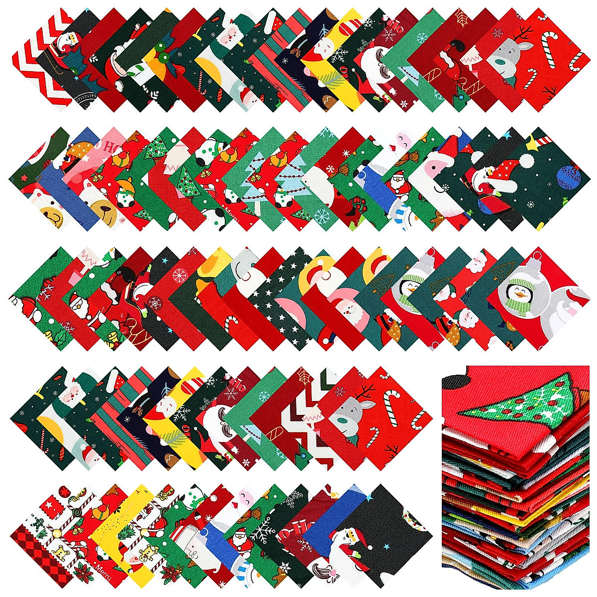 Kinlop 600 Pcs 4 x 4 in Christmas Fabric Bundles Christmas Fat Quarters Cotton Sewing Fabric Christmas Precut Fabric for Quilting Santa Snowflake Printed Fabric Scraps Bulk for Patchwork DIY Craft