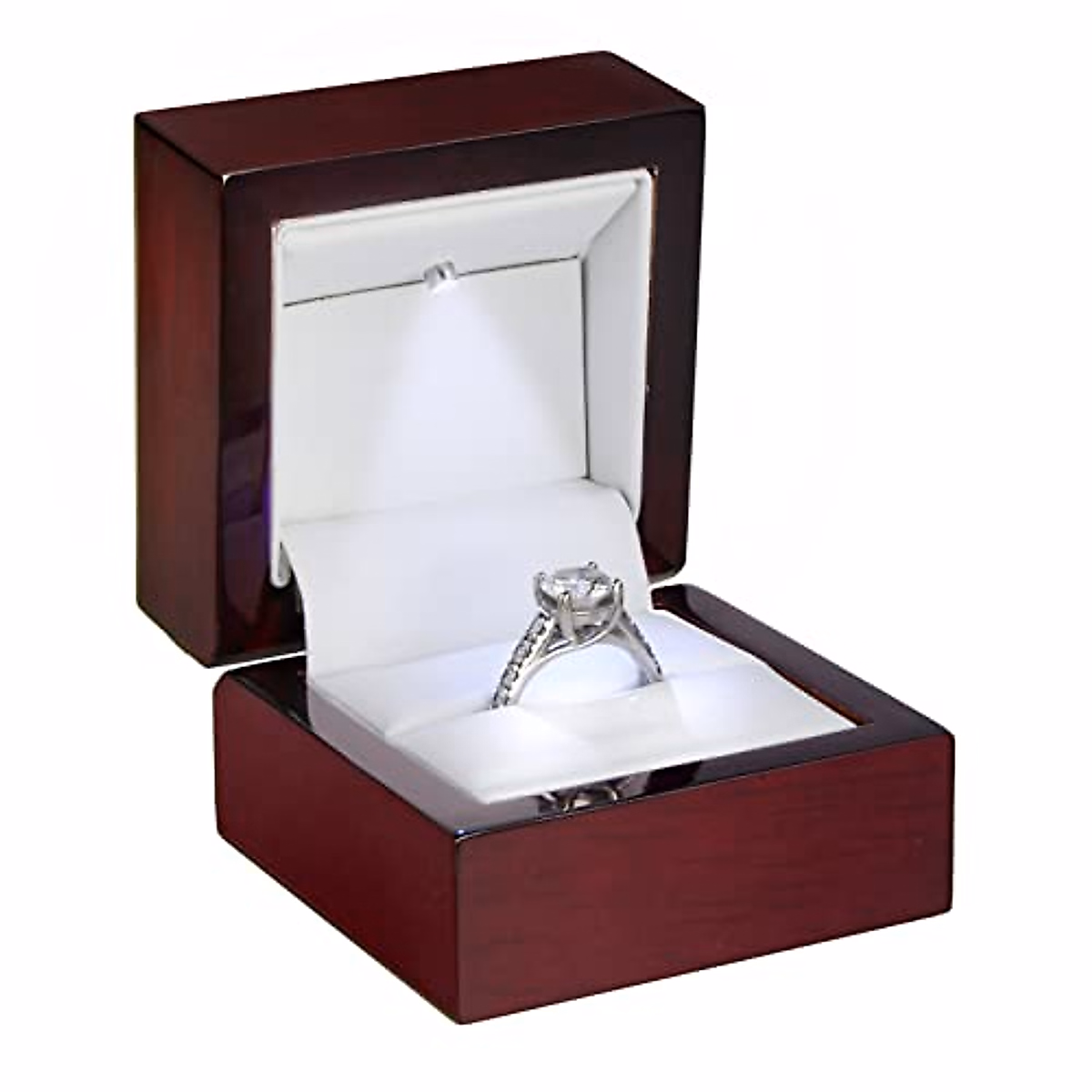 Allure - 2 Pack, Luxury Ring Box With LED Light, Authentic Mahogany Wood With White Leatherette Insert, Square Elegant Diamond Ring Case For Unique Proposal Or Wedding, Small Jewelry Display Gift Box.