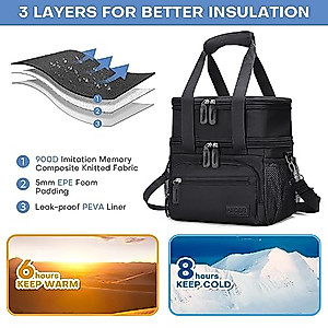 RONROX Double Deck Insulated Lunch Box, Leakproof Reusable Lunch Cooler Bags, Expandable Large Lunch bag, 900D Oxford for Men Women, Adults Work, Office, Picnic, 17L, Black