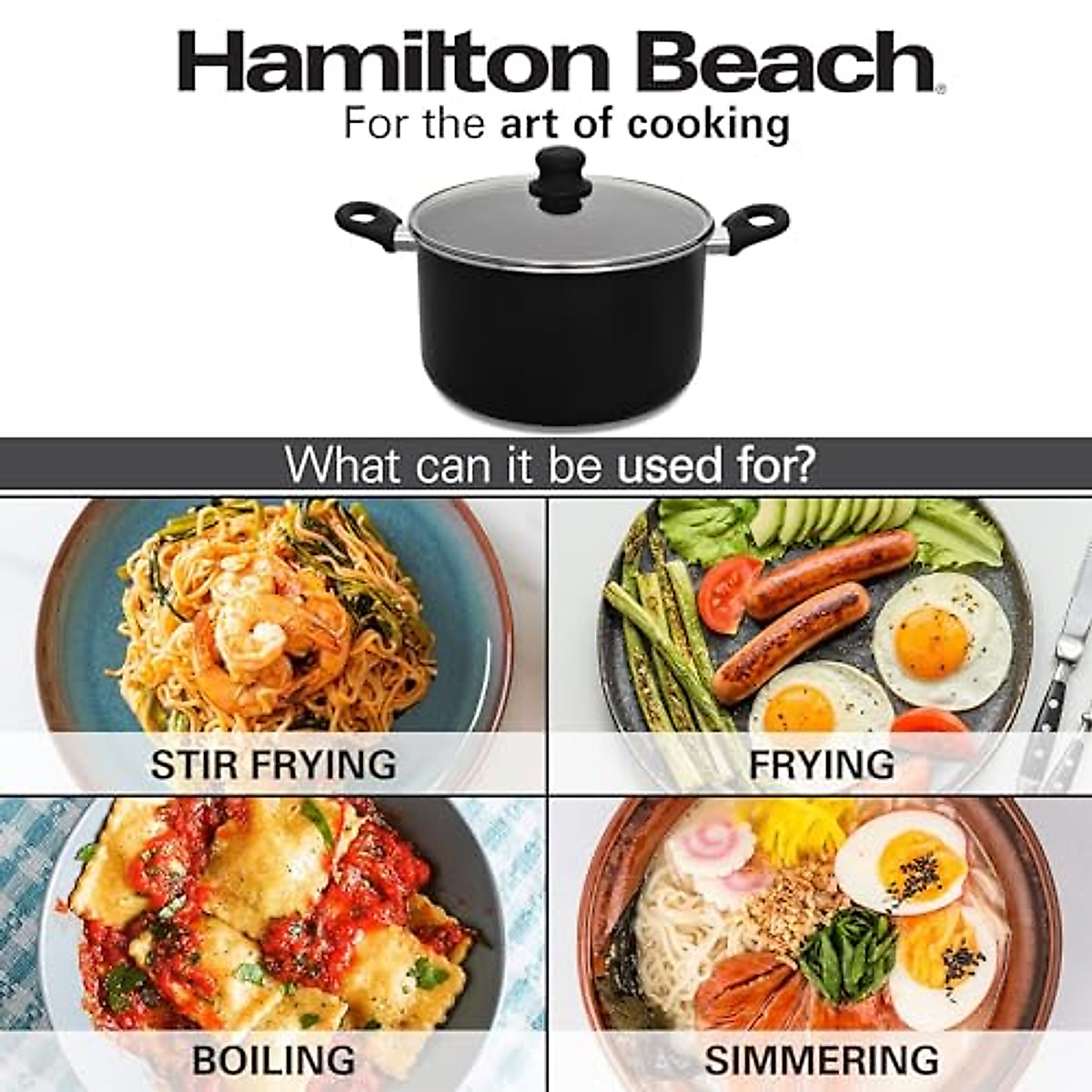 Hamilton Beach Nonstick Covered Stockpot 8-Qt - Black Aluminum Stockpot with Soft Touch Bakelite Handle & Glass Lid - Flared Edge - Spiral Bottom, Multipurpose Use - Durable & Dishwasher Safe