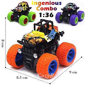 CozyBomB Friction Powered Monster Trucks Toys for Boys - Push and Go Car Vehicles Truck Playset, Inertia Vehicle, Kids Birthday Christmas Party Supplies Gift 3 Years Old (Orange,Purple,Green)