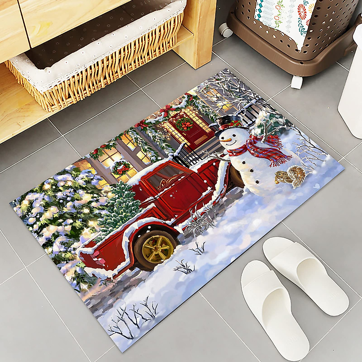 Merry Christmas Kitchen Rugs Sets 2 Piece Floor Mats Xmas Tree Farm Red Truck Snowman Durable Doormat Non-Slip Rubber Backing Area Rugs Washable Carpet Inside Door Mat Pad Sets-16"x 24"+16"x47"