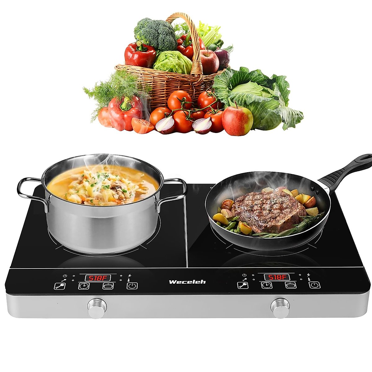 Portable Induction Cooktop 1800W Double Induction Cooktop Stove Hot Plates,2 Independent Touch Control with 2 Knobs,9 Power & 10 Temp Levels,Child Safety Lock,Timer