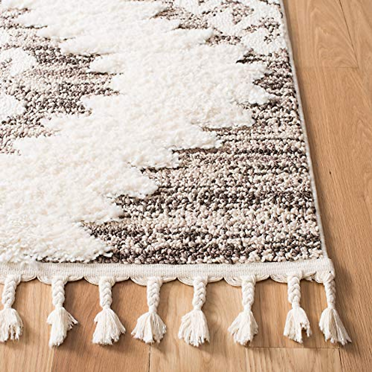 SAFAVIEH Moroccan Tassel Shag Collection 8' x 10' Ivory / Brown MTS652A Boho Non-Shedding Living Room Bedroom Dining Room Entryway Plush 2-inch Thick Area Rug