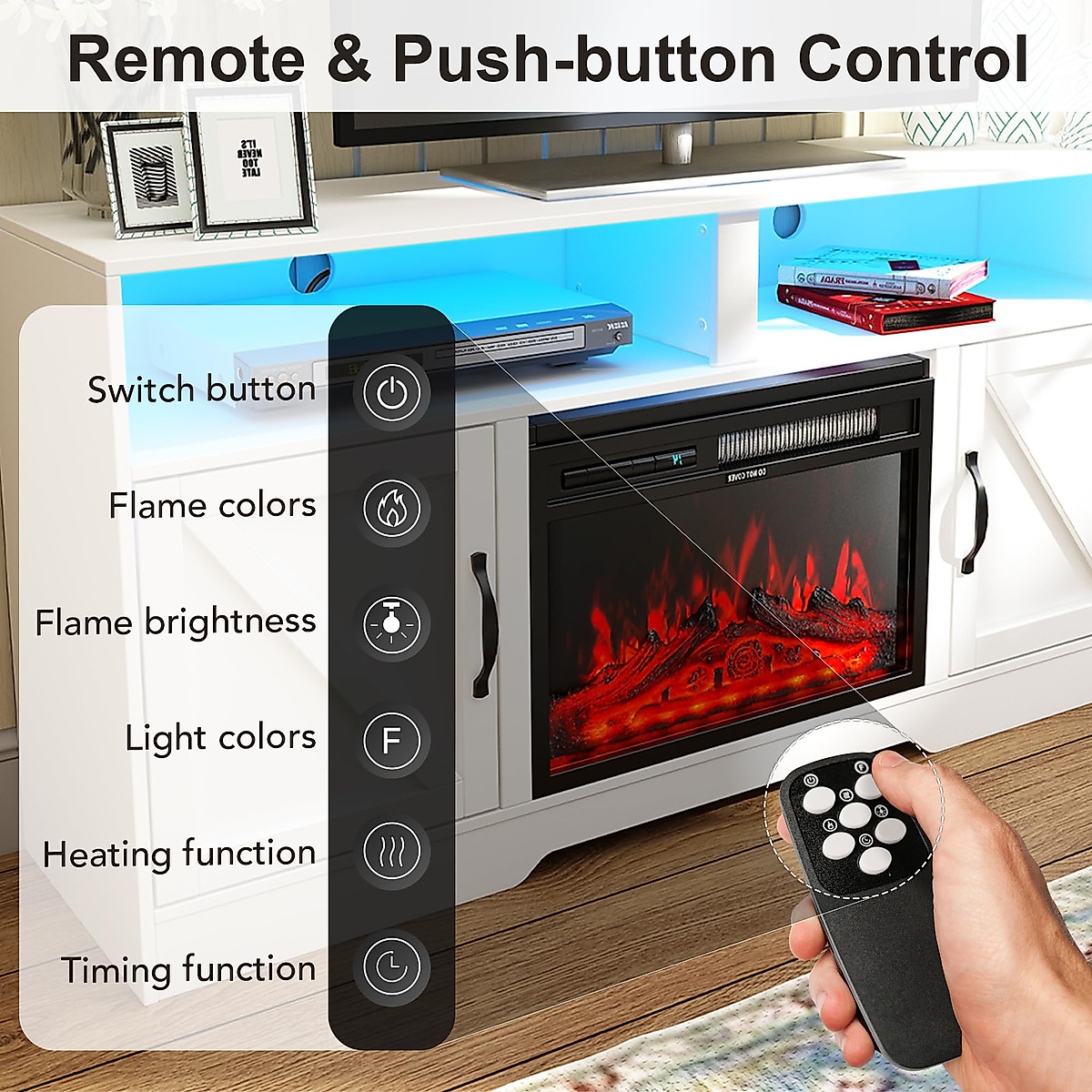 COCO DESIGN 60" Fireplace TV Stand with 23" Fireplace, Electric Fireplace TV Console for TVs up to 70", LED Lights Wood Texture Entertainment Center & Remote Control, White