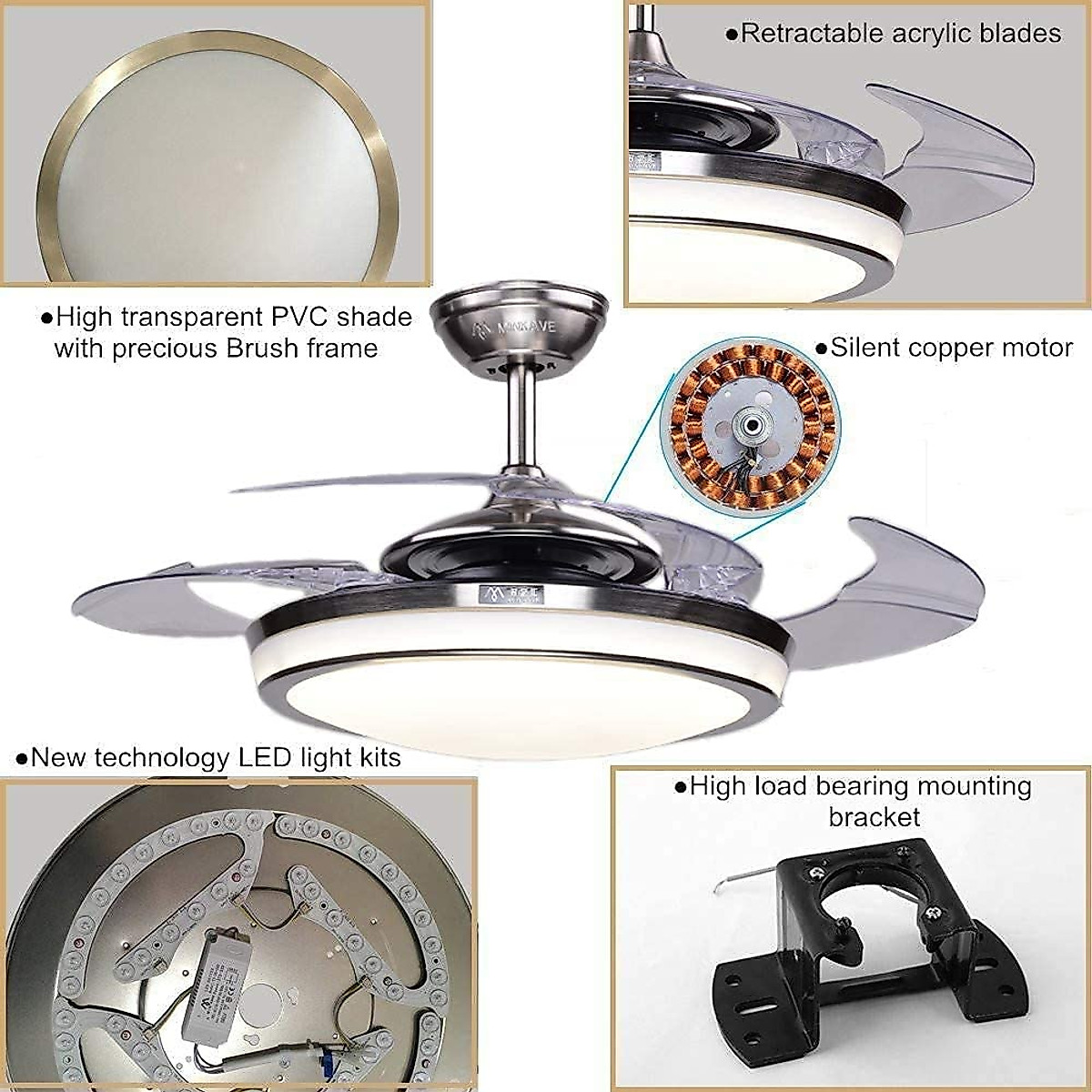 Fandian 44" Modern Ceiling Fan with Lights Remote Control Chandelier Fixture, 3 Lighting Changes Retractable Fandelier for Living Room Bedroom, Brush Chrome with Silent Motor