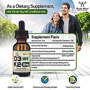 Vitamin D3 K2 5,000 IU Liquid Drops (5,000 IU of D3 and 200mcg of 99.9% All-Trans Patented K2 MK-7 (K2Vital)) Max Absorption Liquid Vitamin D Drops (30 Servings) by Double Wood